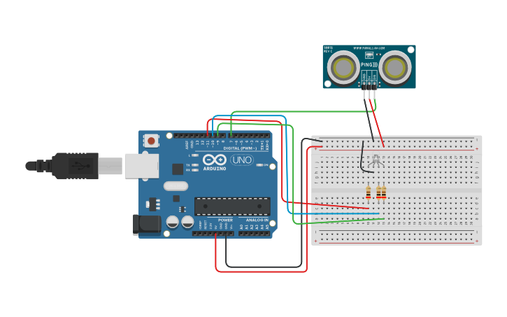 Circuit design Ultrasonic Sensor & RGB Led - Tinkercad