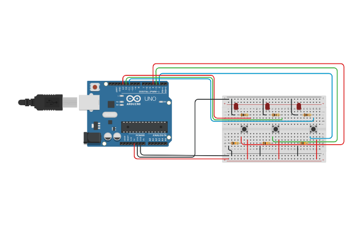 Circuit design 3 led and 3 push buttons - Tinkercad