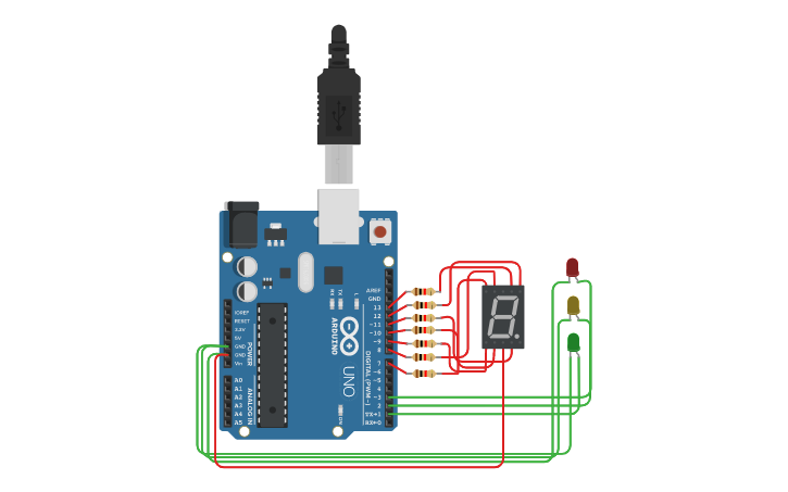 Circuit design Traffic Light with 7 Segment Display - Tinkercad