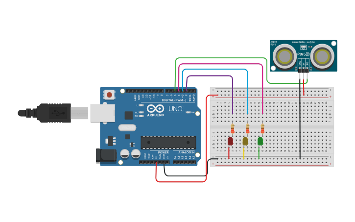Circuit design Measure distance with LED Indicator - Tinkercad