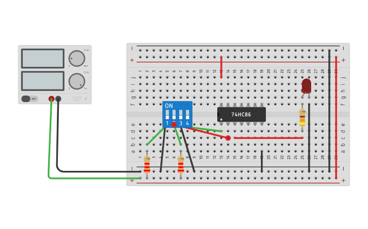 Circuit design xor gate using dip switch - Tinkercad