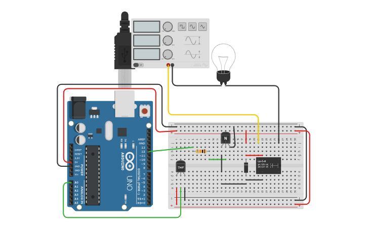 Circuit design Temp con sensor tmp, Relé y Monitor - Tinkercad