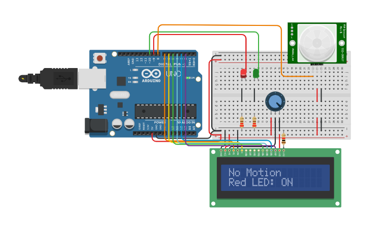 Circuit design PIR Sensor with LCD - Tinkercad