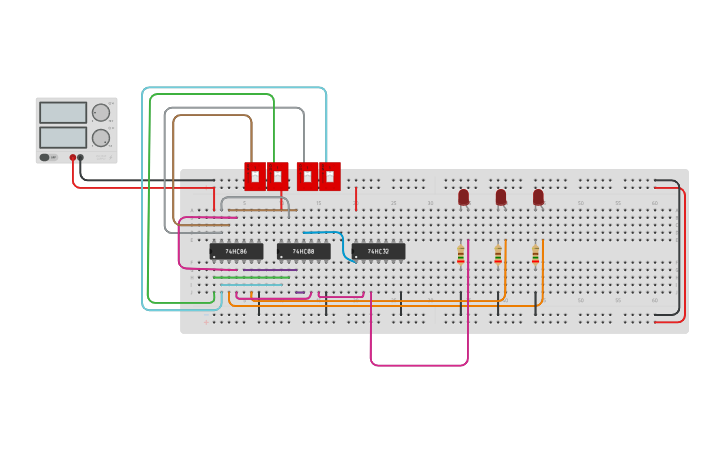 Circuit design Two bit adder usign XOR , AND and OR gate - Tinkercad