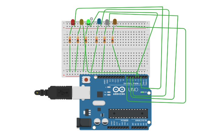 Circuit design Knight Rider Light Effect with 6 LEDs - Tinkercad