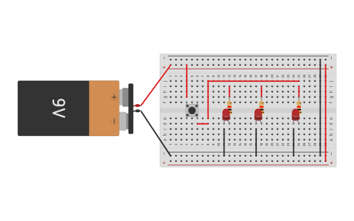Circuit design Encender 3 led (Con push button) - Tinkercad