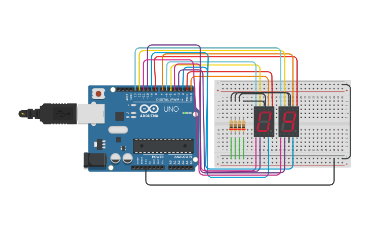 Circuit design 7 segments 2 digits - Tinkercad