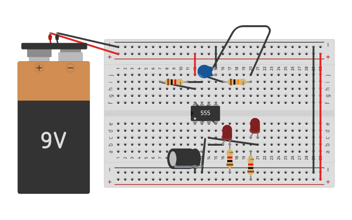Circuit design Alternating LED Blinking using 555 Timer - Tinkercad
