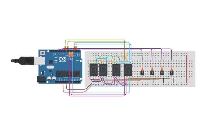 Circuit design reloj con Display 7 Segmentos - 4 Digitos - Arduino - Tinkercad