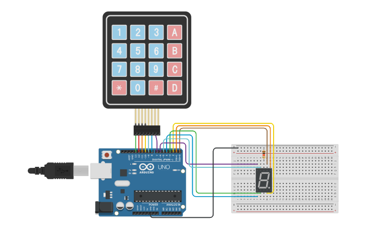 Circuit design Keypad and 7-segment display - Tinkercad