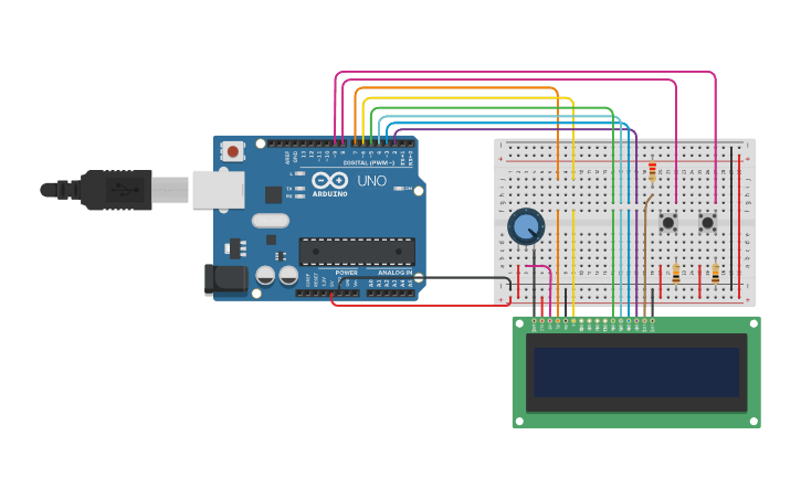Circuit design lcd e pulsanti - Tinkercad