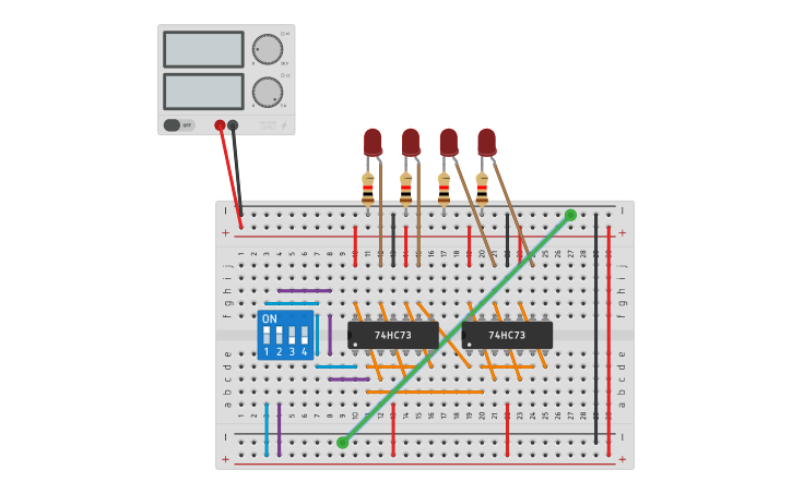 Circuit design Exp 7: 4 bit asynchronous up counter using JK flip flops - Tinkercad