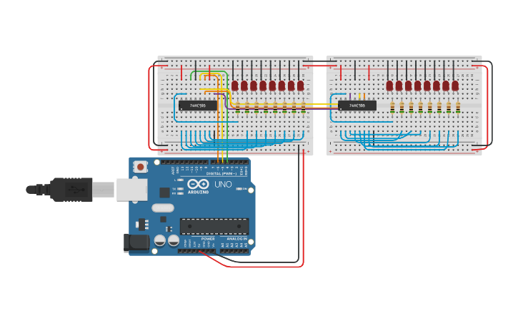 Circuit design 8-Bit Shift Register 74HC595 - Tinkercad