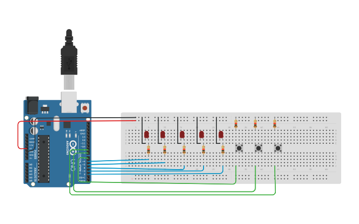 Circuit design Controlling LEDs By PushButtons - Tinkercad