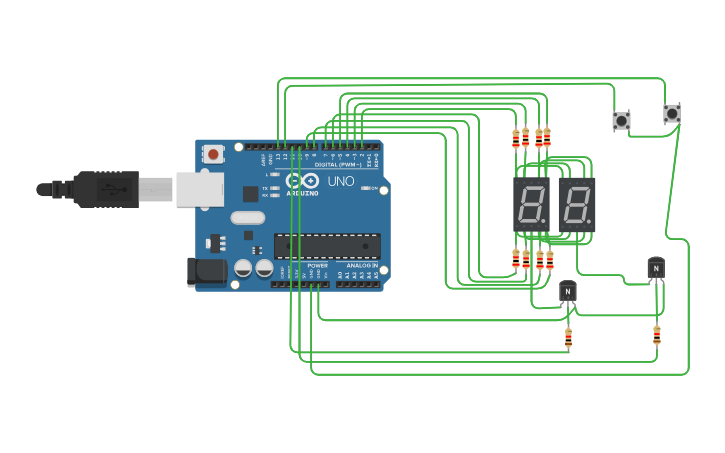 Circuit design COMPLETO Multiplexación Display 7 Segmentos - Tinkercad