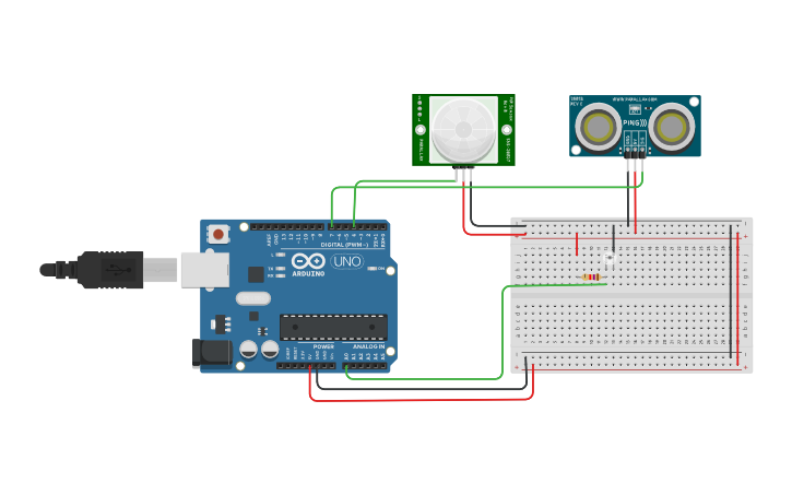 Circuit design three sensors conncted to arduino - Tinkercad