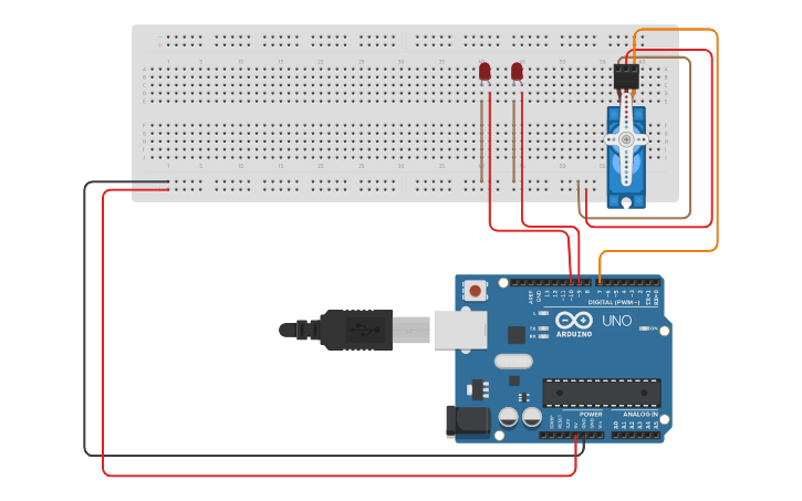 Circuit design MQ2 Sensor With Servo and 2 leds - Tinkercad