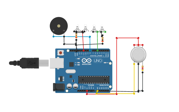 Circuit design Gas detection sensor with alarm - Tinkercad