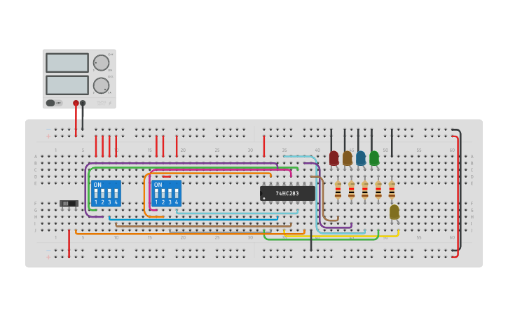 Circuit design 4-Bit Parallel Adder Using 74283 IC - Tinkercad