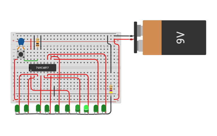 Circuit design CD4017 Decade Counter - Tinkercad