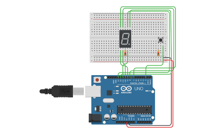 Circuit design 7 segment counter with push button - Tinkercad