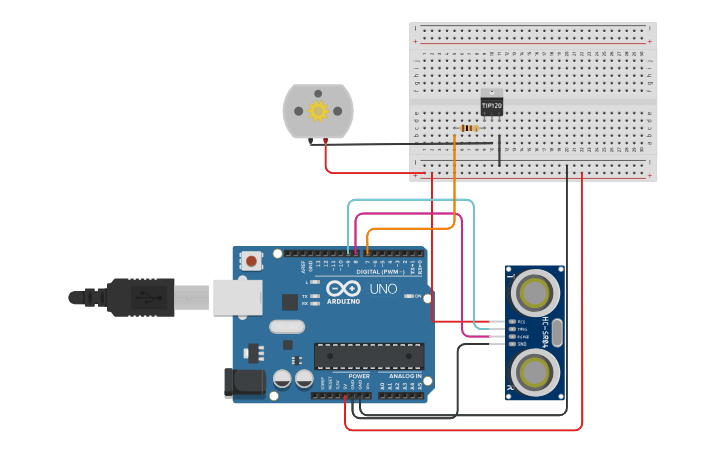 Circuit Design Ultrasonic Sensor And Dc Motor Tinkercad