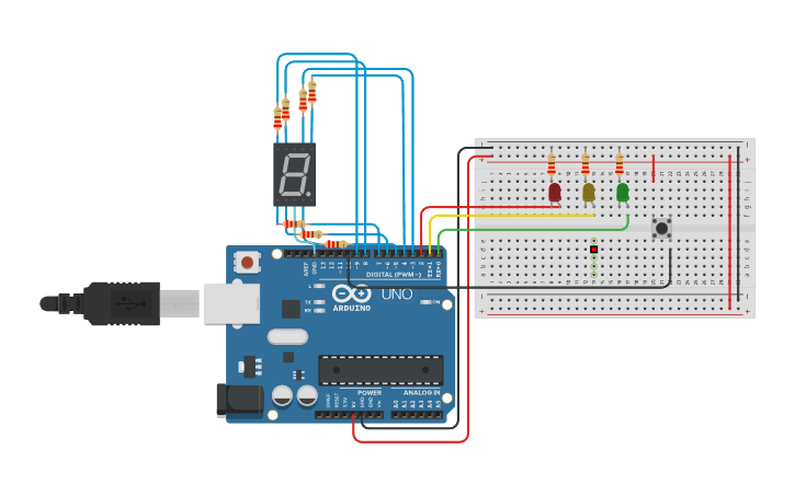 Circuit design semáforo com display de 7 segmentos - Tinkercad