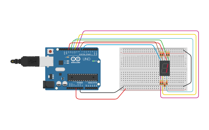 Circuit design 7 segmentos anodo - Tinkercad
