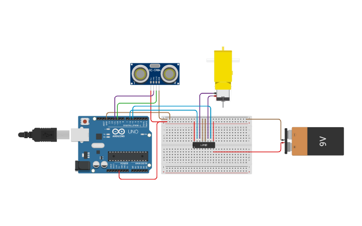 Circuit design Motor And Distance - Tinkercad