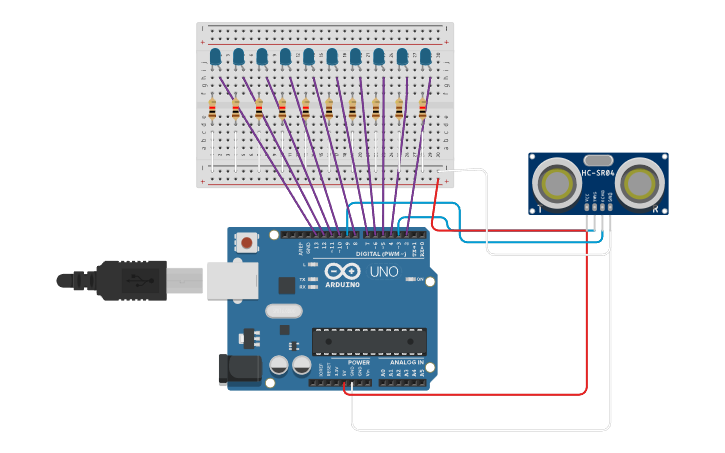 Circuit design Sensor ultrasonico, 10 leds - Tinkercad