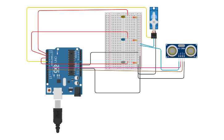 Circuit design TRES LEDS CON SERVMOTOR Y SENSOR ULTRASONICO - Tinkercad