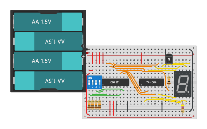 Circuit design 7 Segment common anode with inverters - Tinkercad