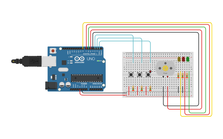 Circuit design DC Motor forward, Reverse and Stop using 3 Push Button - Tinkercad