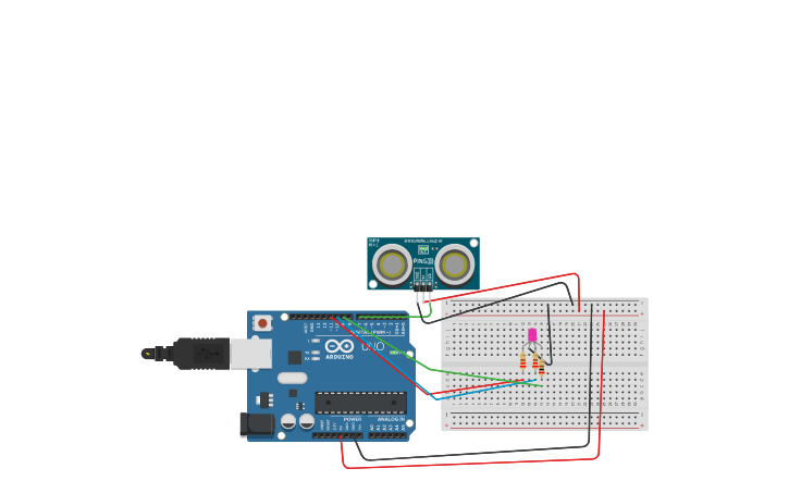 Circuit design Ultrasonic Sensor and RGB Led - Tinkercad