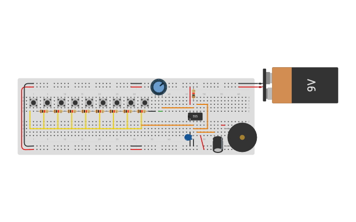 Circuit design electronic piano circuit using 555 timer IC - Tinkercad