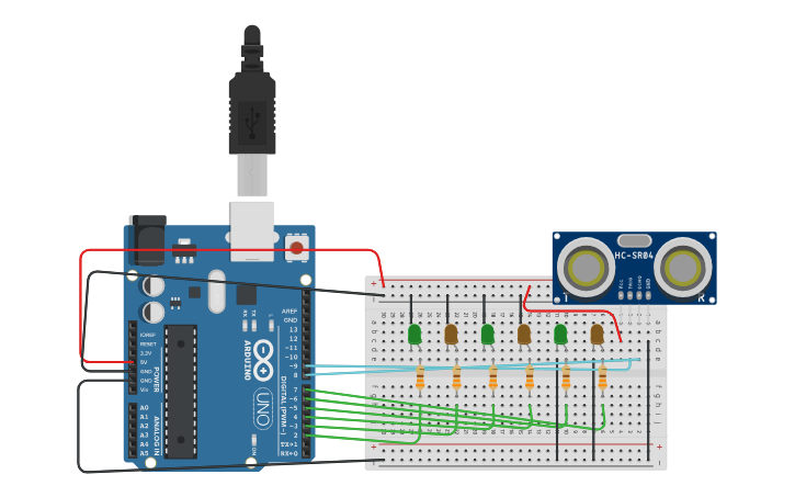 Circuit design sensor ultrasonico con 6 leds - Tinkercad