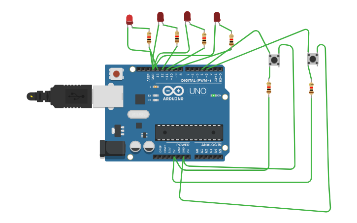 Circuit design 4LEDS USING 2 PUSH BUTTONS - Tinkercad
