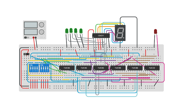 Circuit design 4-bit Parallel Adder and Subtractor w 7-segment Display - Tinkercad