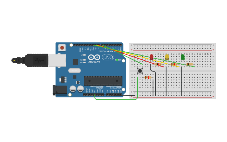 Circuit design Blink 3 LED dengan BUTTON 1 - Tinkercad