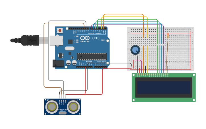 Circuit design LCD Distance display - Tinkercad