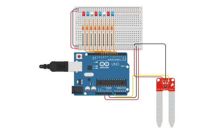 Circuit Design Датчик вологості ґрунту на Arduino Tinkercad