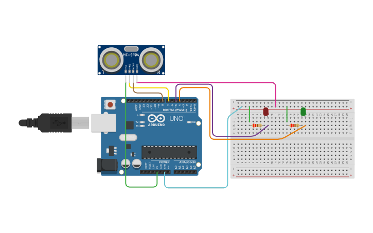 Circuit design Sensor Ultrasonido 2 leds - Tinkercad