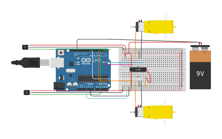Circuit design LINE FOLLOWING ROBOT- IRIS PROJECT - Tinkercad