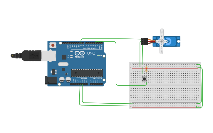 Circuit design ServoMotor con boton - Tinkercad