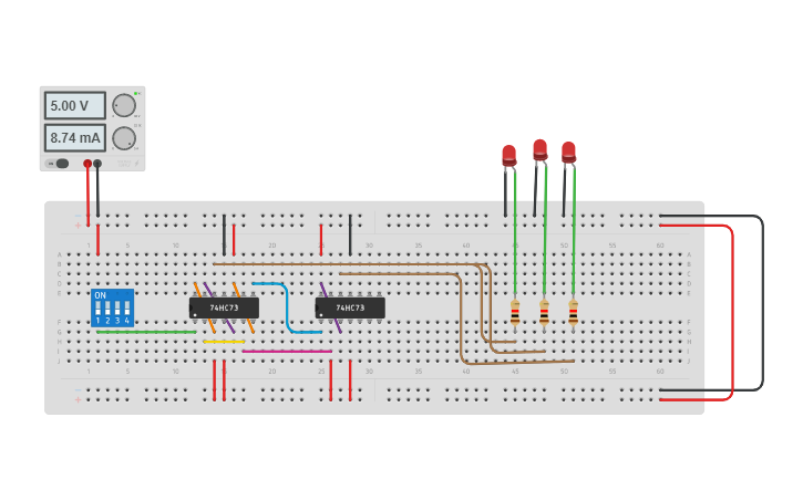 Circuit design mod 8 asynchronous counter using JK - Tinkercad