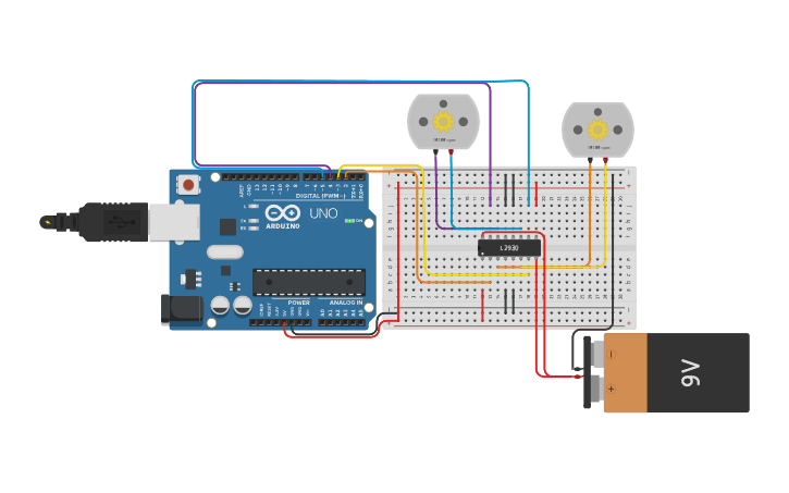 Circuit design CONEXIÓN DE DOS MOTORES CON EL PUENTE L293D - Tinkercad