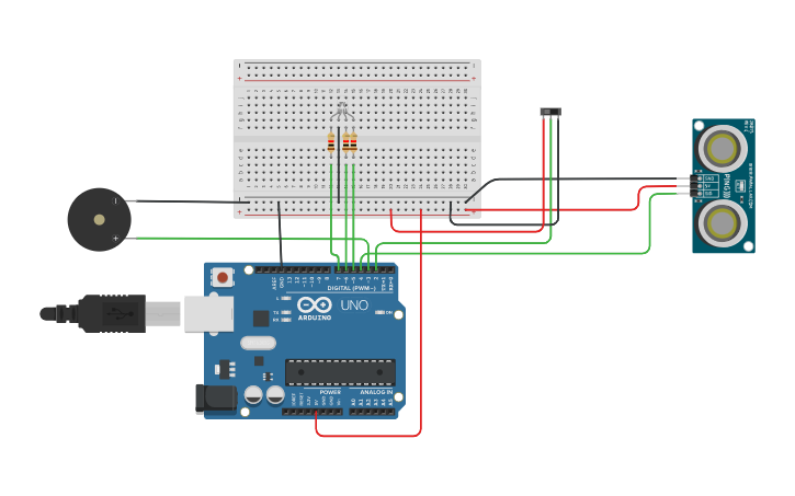 Circuit design PROXIMITY SENSOR - ANTI CAR COLLISION SYSTEM - Tinkercad
