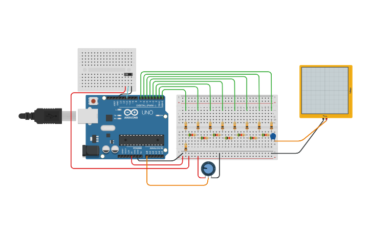 Circuit design 8-bit R2R DAC versione 2 - Tinkercad