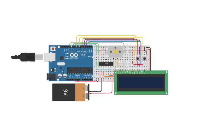 Circuit Design Controlling Dc Motor Using Buttons And Lcd Screen Tinkercad