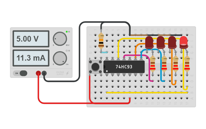 Circuit design 74HC93 counts 4-bit binary - Tinkercad